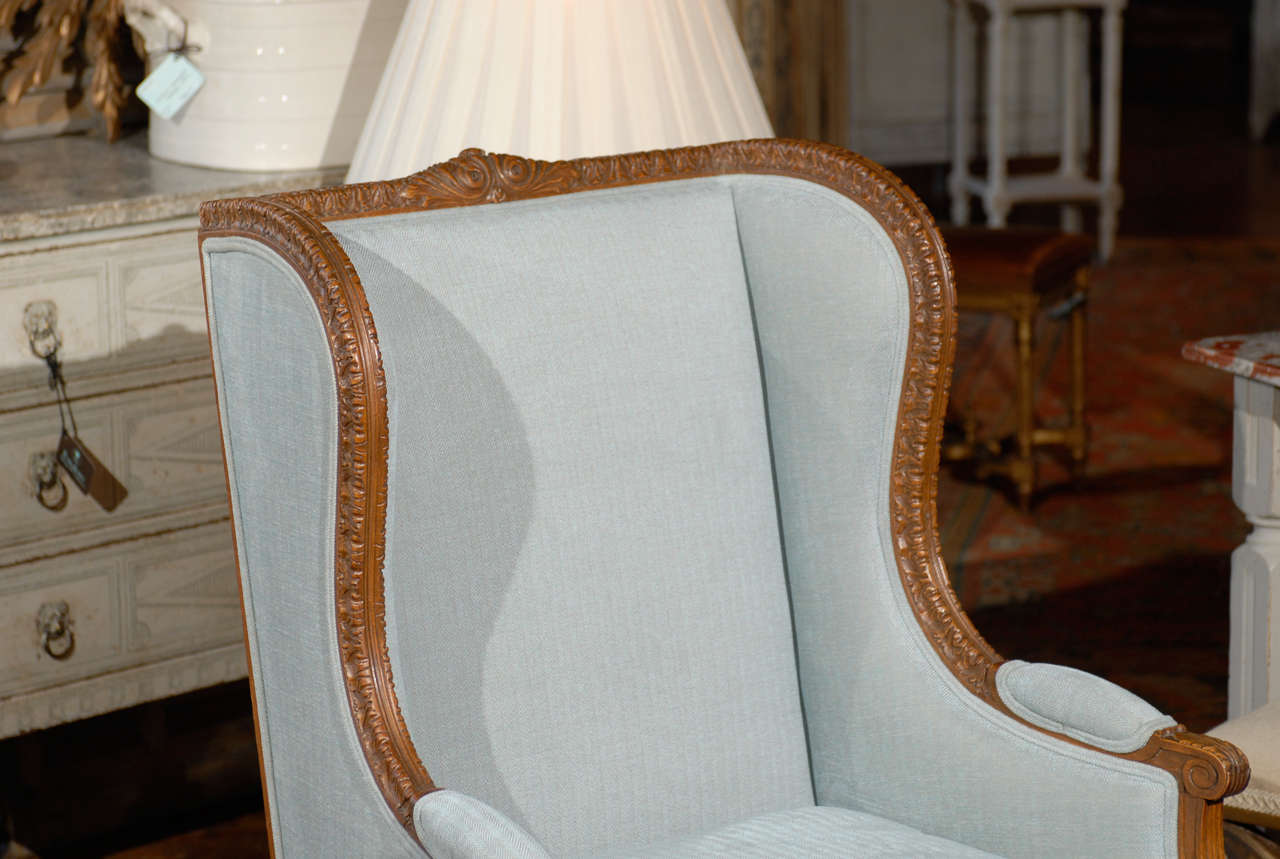 French Walnut Louis XVI style Wingback Bergère Chair with Light Blue ...