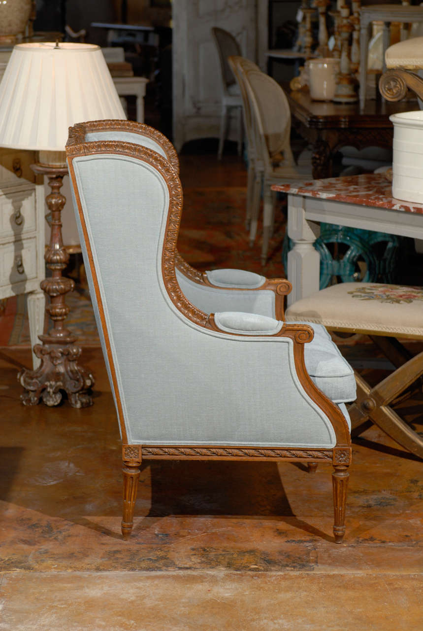 French Walnut Louis XVI style Wingback Bergère Chair with Light Blue ...