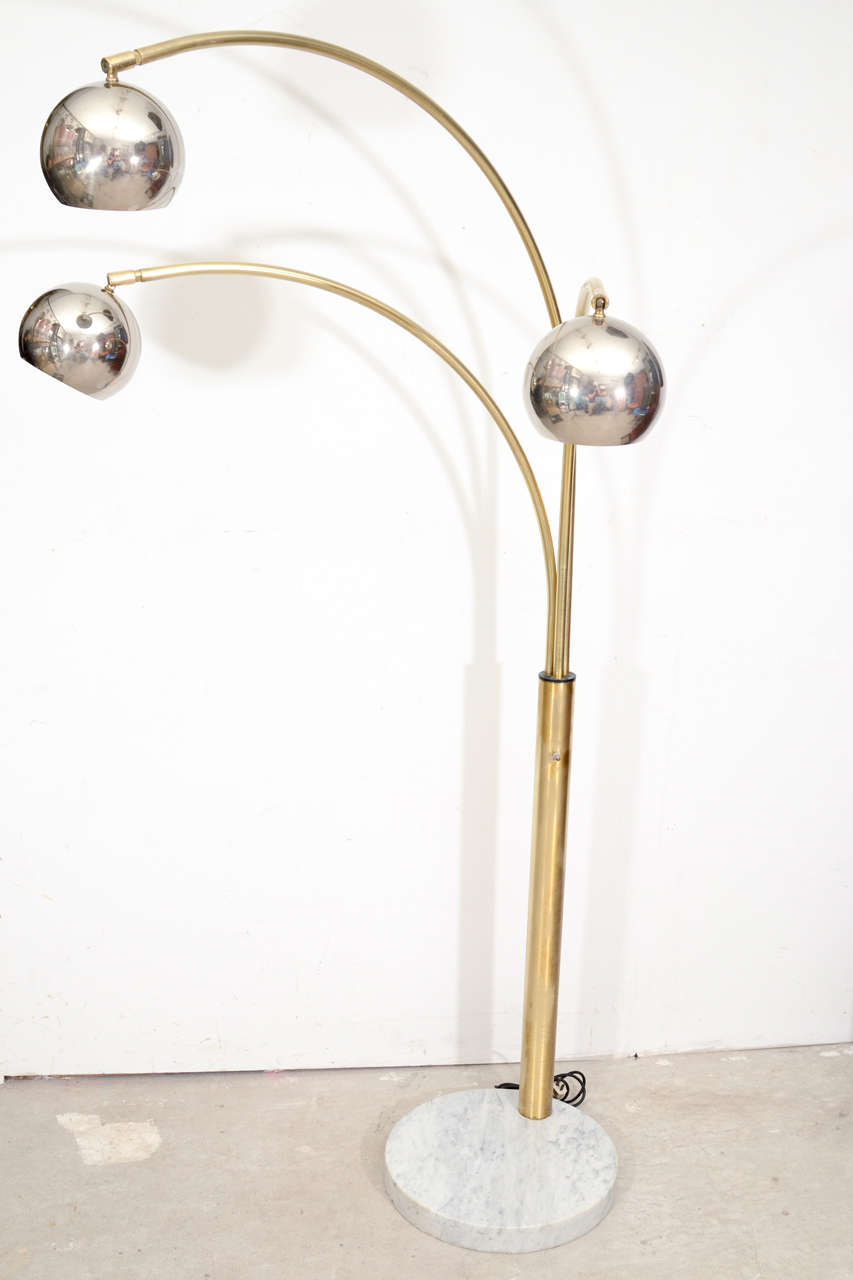 Brass Triple Arms Arc Floor Lamp with Marble Base at 1stDibs