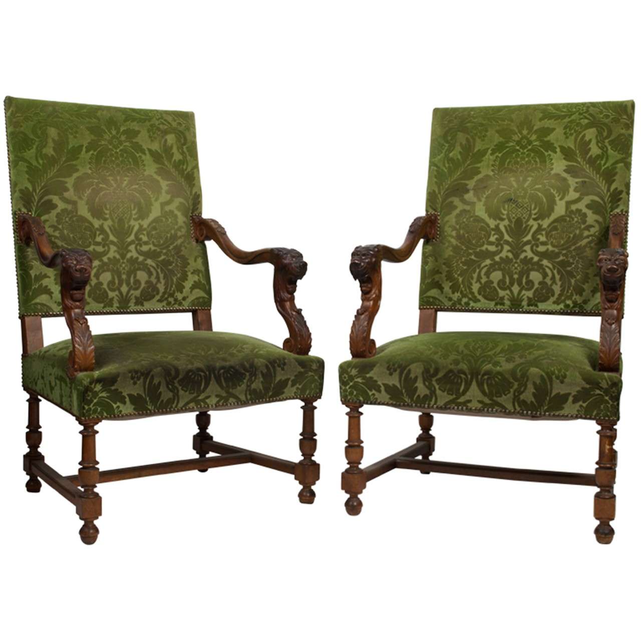 Charles II Style Pair of Dark Walnut Arm Chairs at 1stDibs
