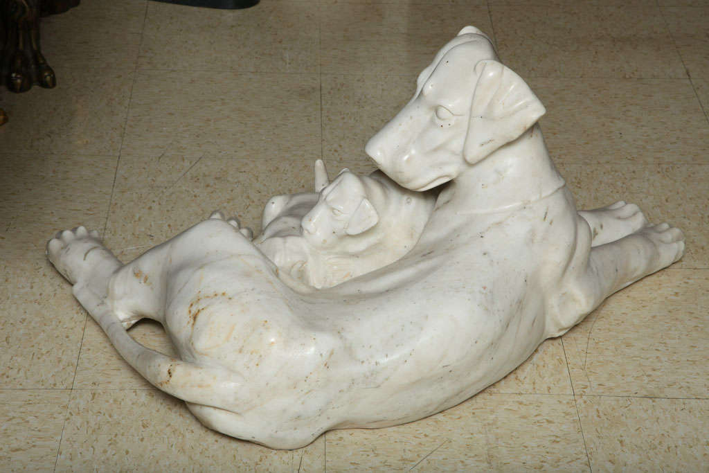 Carved marble group of a Dog with her Puppies at 1stDibs