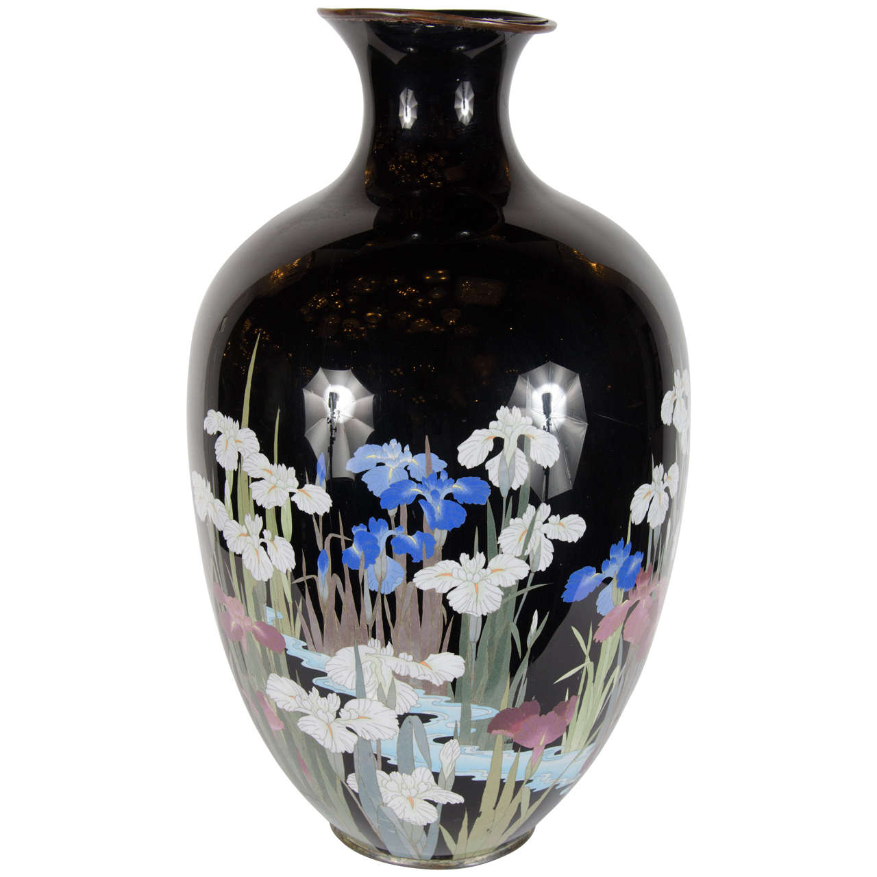 Exquisite Hand Enameled Chinese Vase of Iris in a Water lily Pond at ...