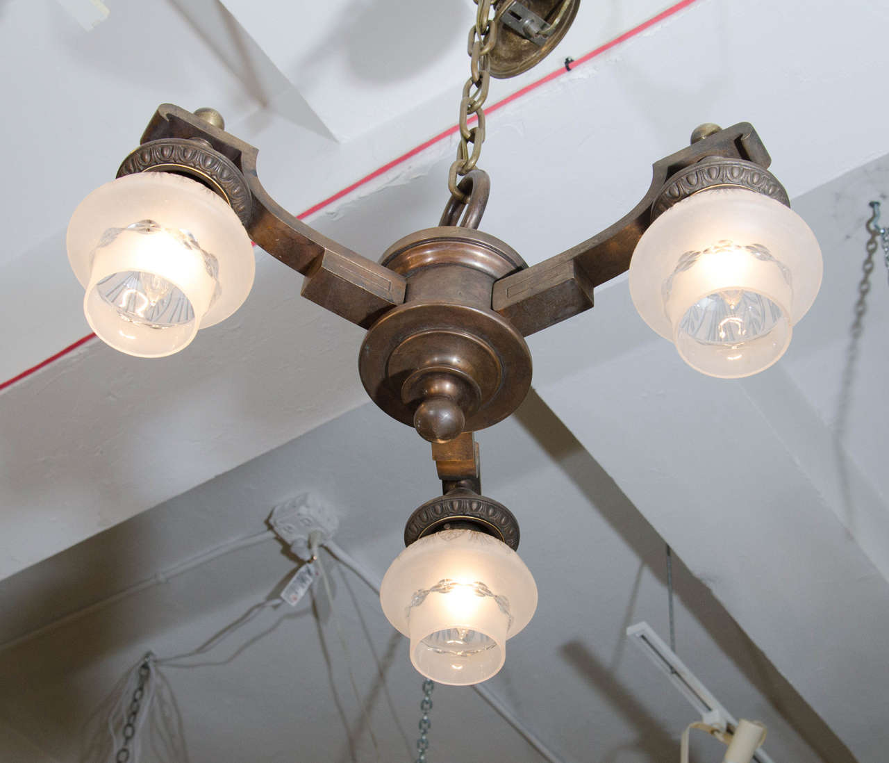 Arts and Crafts Bronze, Three-Light Fixture with Etched Glass Shades at ...