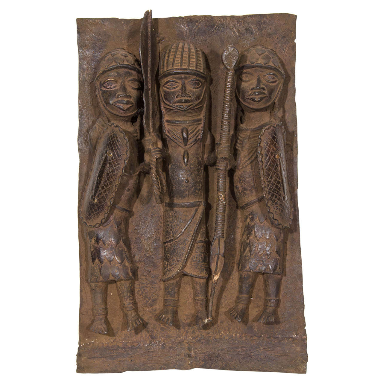 Reproduction Benin Plaque Depicting Figures Holding Shields and Weapons ...