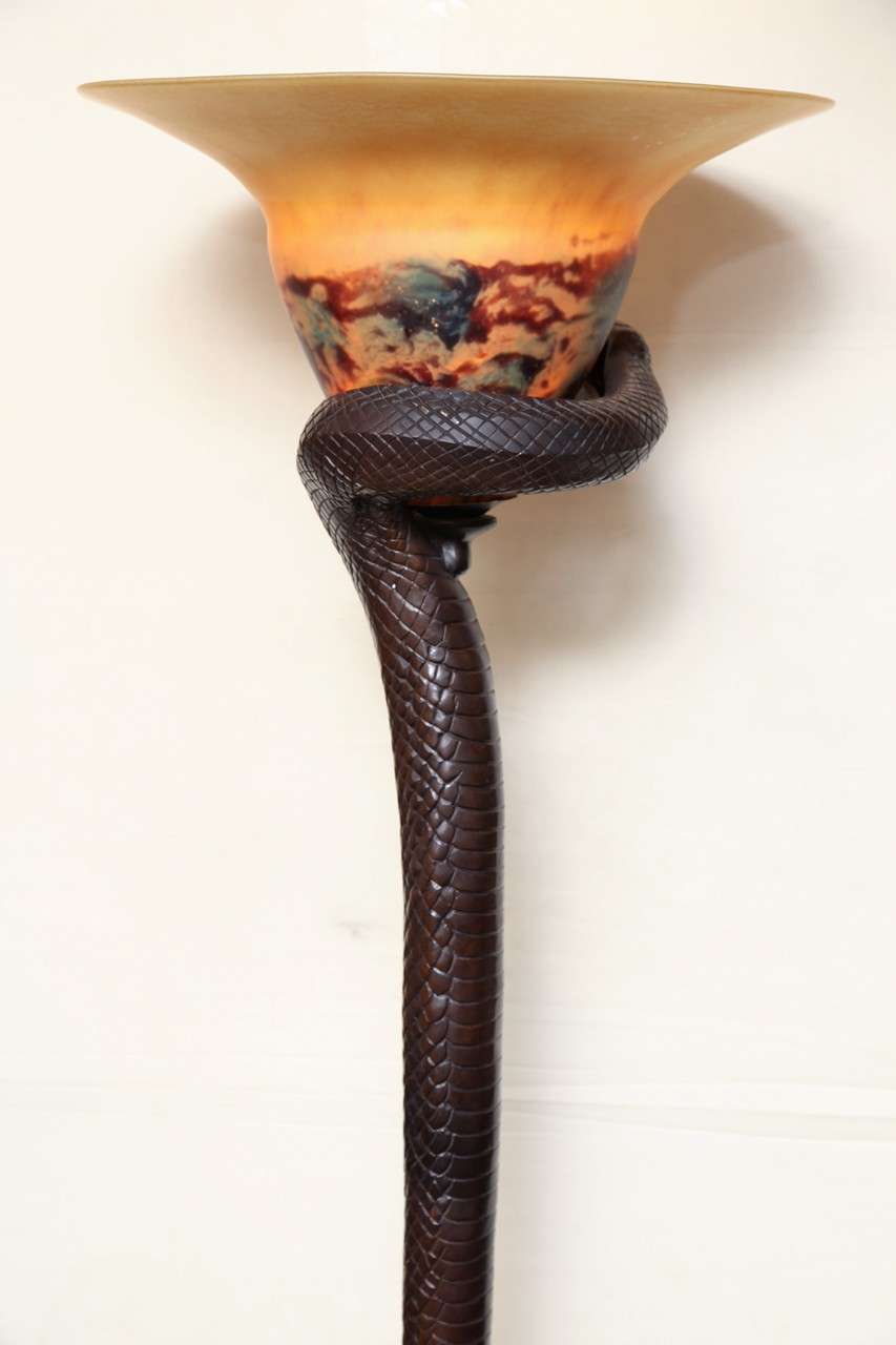 Pair of Art Deco style bronze and art glass snake form floor lamps. at ...