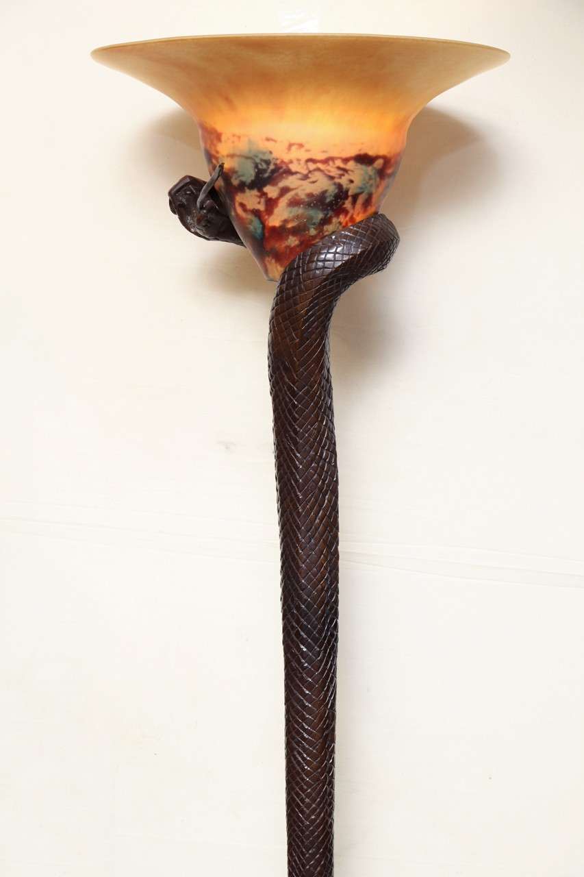 Pair of Art Deco style bronze and art glass snake form floor lamps. at ...