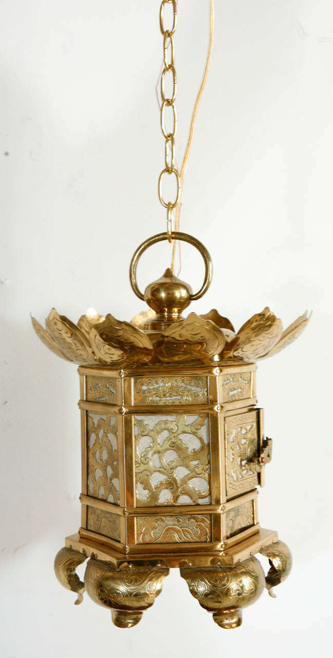 Hanging Chinese Gold Lantern with Lotus Leaf Detail at 1stDibs