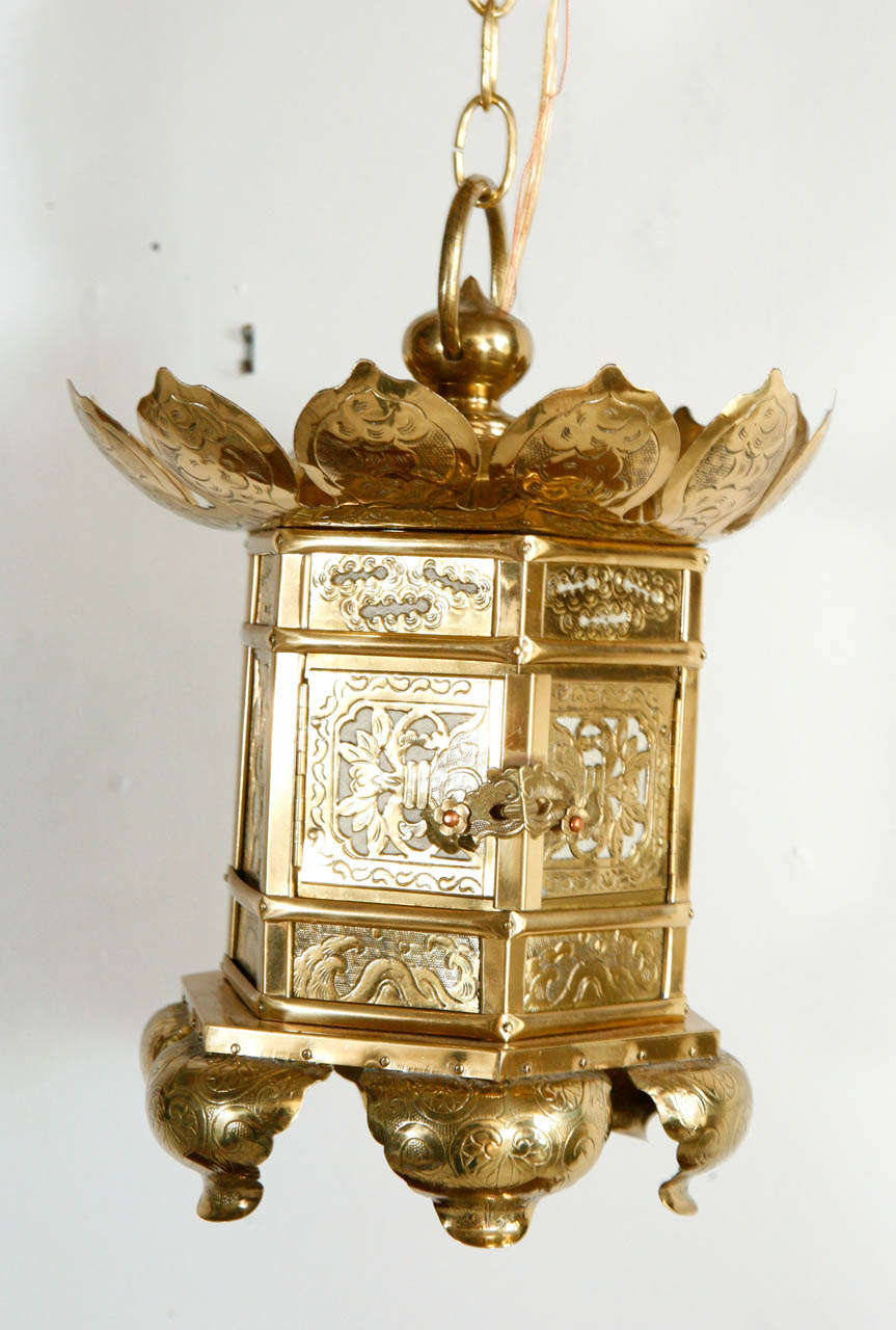 Hanging Chinese Gold Lantern with Lotus Leaf Detail at 1stDibs