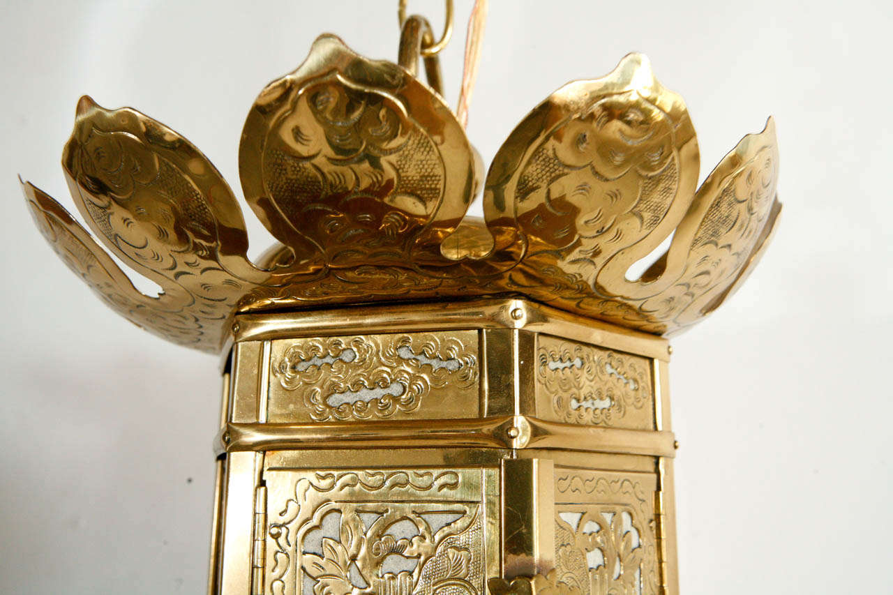 Hanging Chinese Gold Lantern with Lotus Leaf Detail at 1stDibs