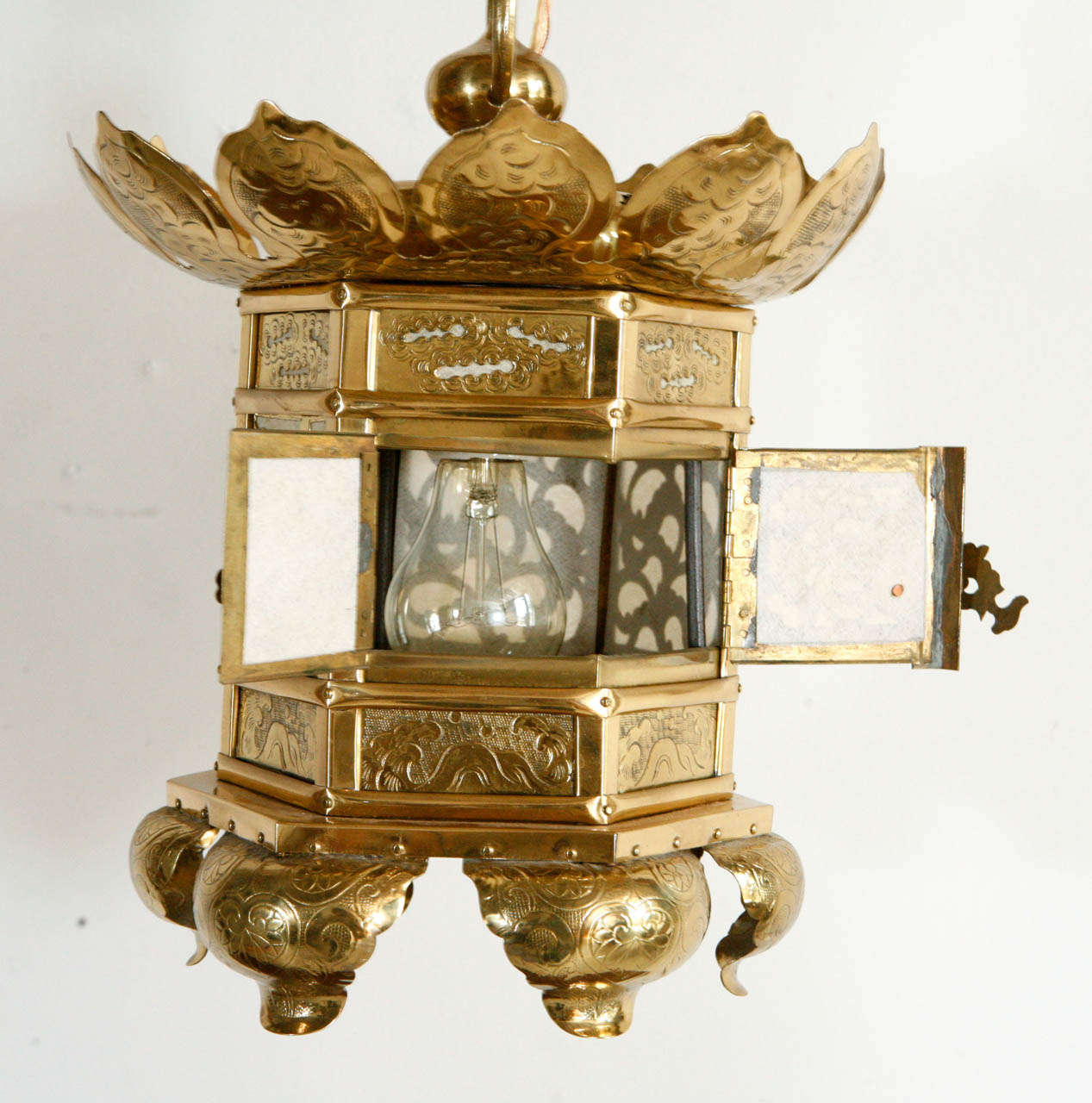 Hanging Chinese Gold Lantern with Lotus Leaf Detail at 1stDibs