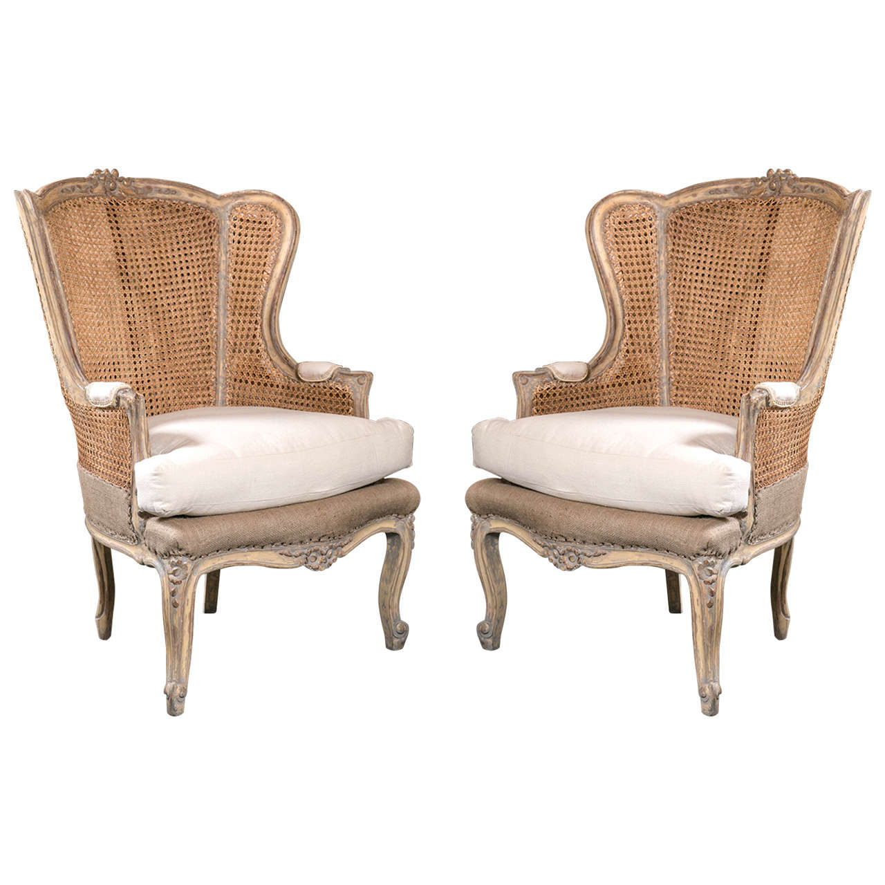 Pair of French Louis XV Style Wingback Caned Bergère Chairs at 1stDibs