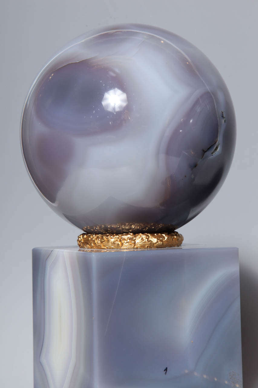 Pair of Second Empire Style Agate Orbs on Plinths with Gilt Bronze ...