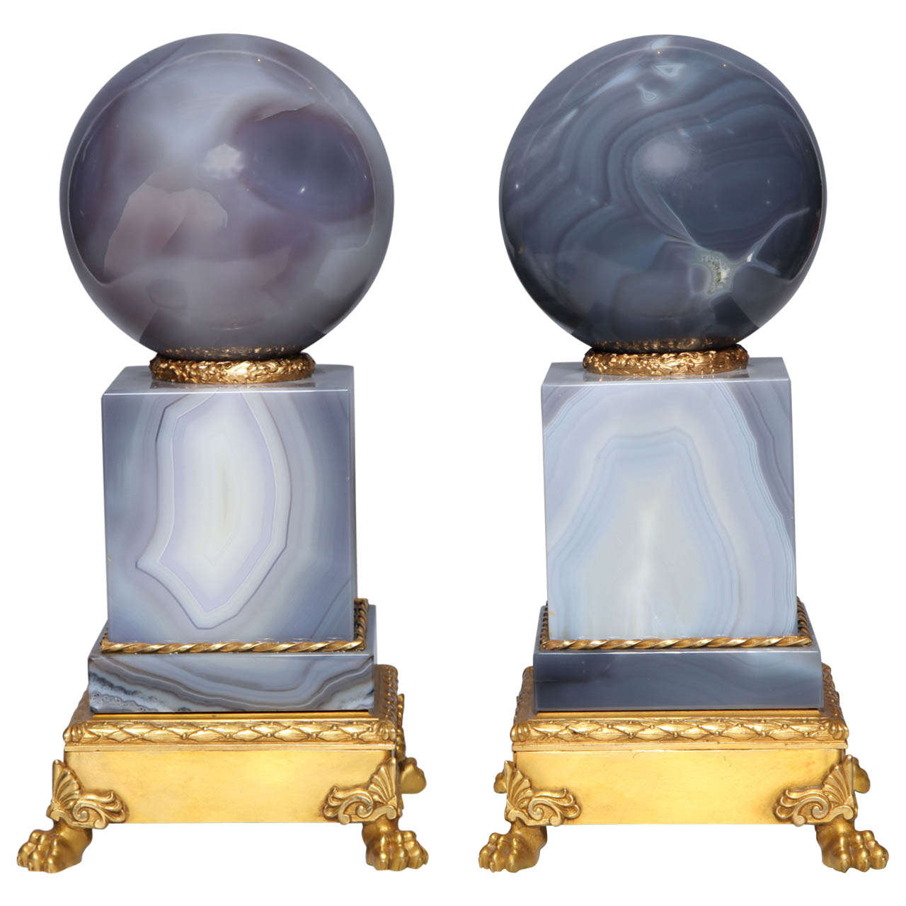 Pair of French Smokey Rock Crystal Orbs or Spheres on Plinths with Gilt ...