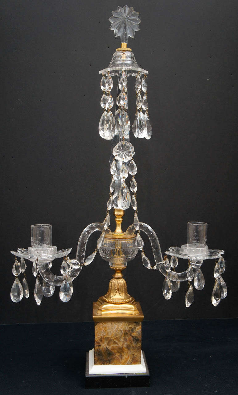 Two Arm Ormolu and Cut Glass Regency Candle Luster on Blue John Base ...