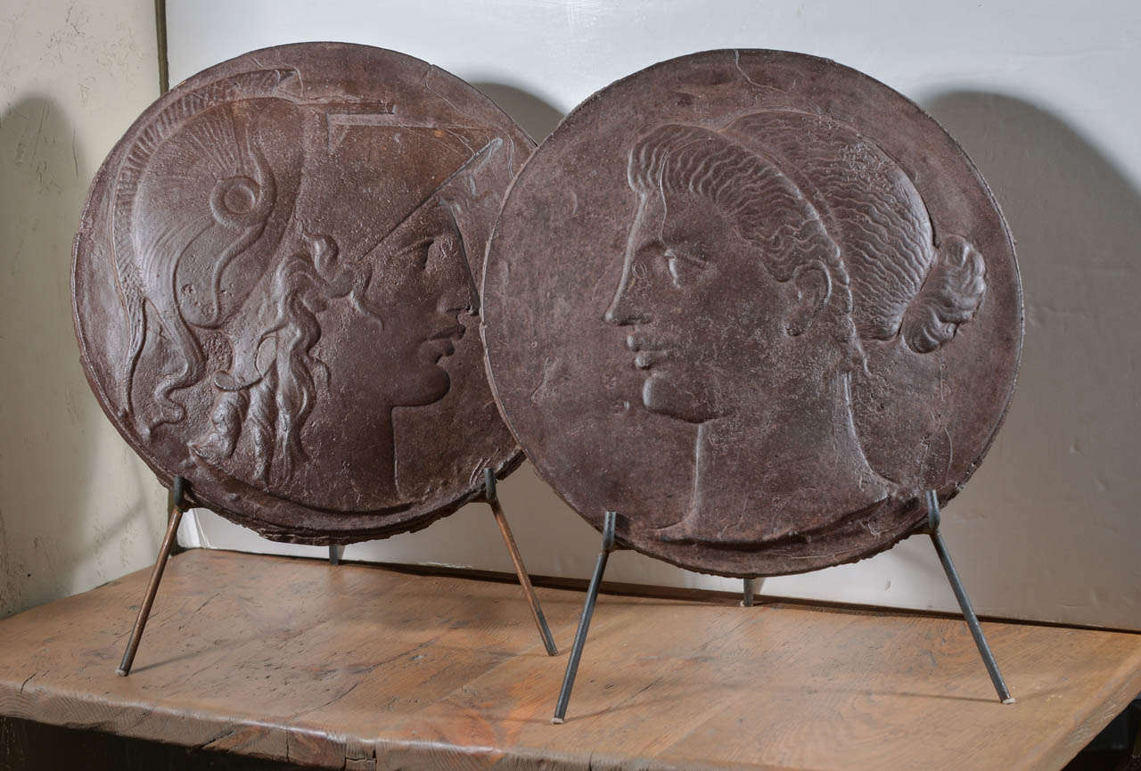 Pair of Large Iron Medallions on Stands For Sale at 1stDibs