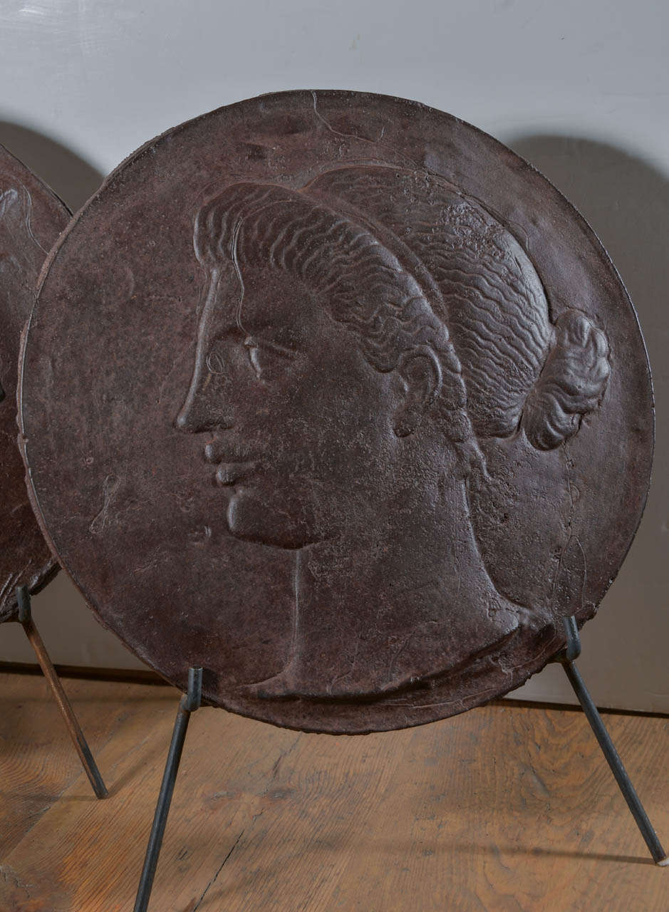 Pair of Large Iron Medallions on Stands For Sale at 1stDibs