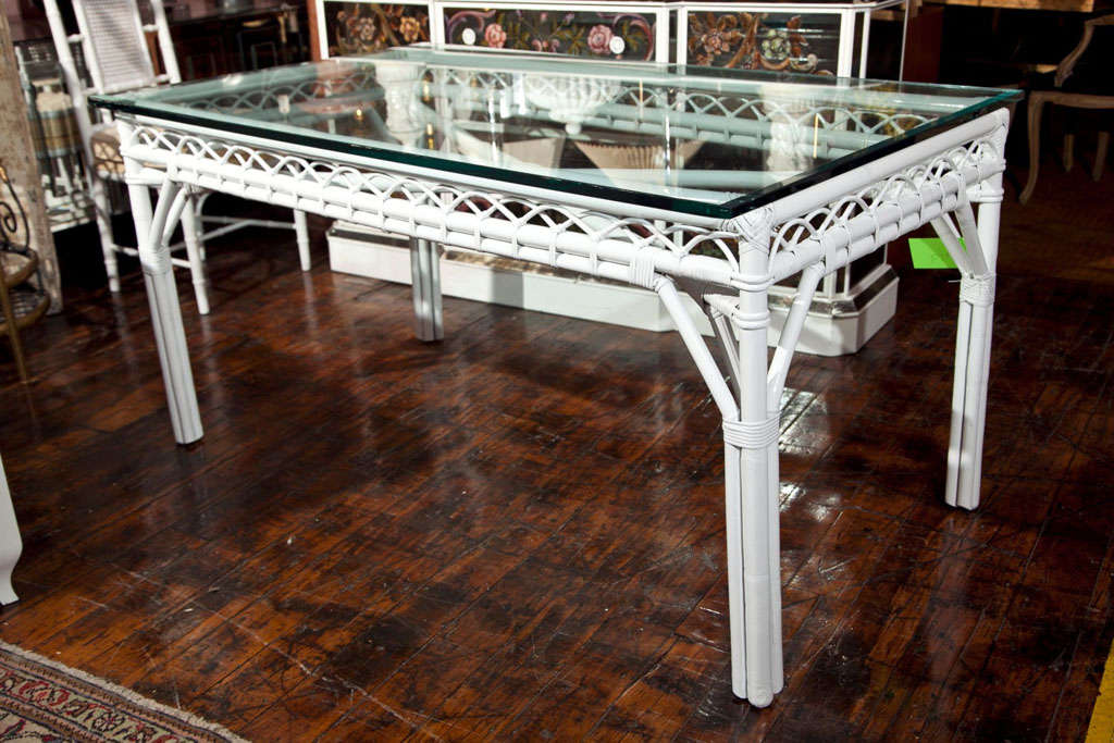 Vintage White Lacquer Rattan Dining Table at 1stDibs