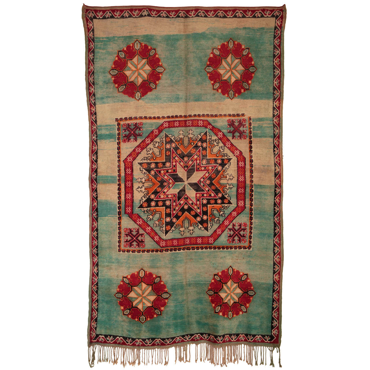 Vintage Aqua Green Moroccan Star Octagon Wool Rug, 1930's at 1stDibs