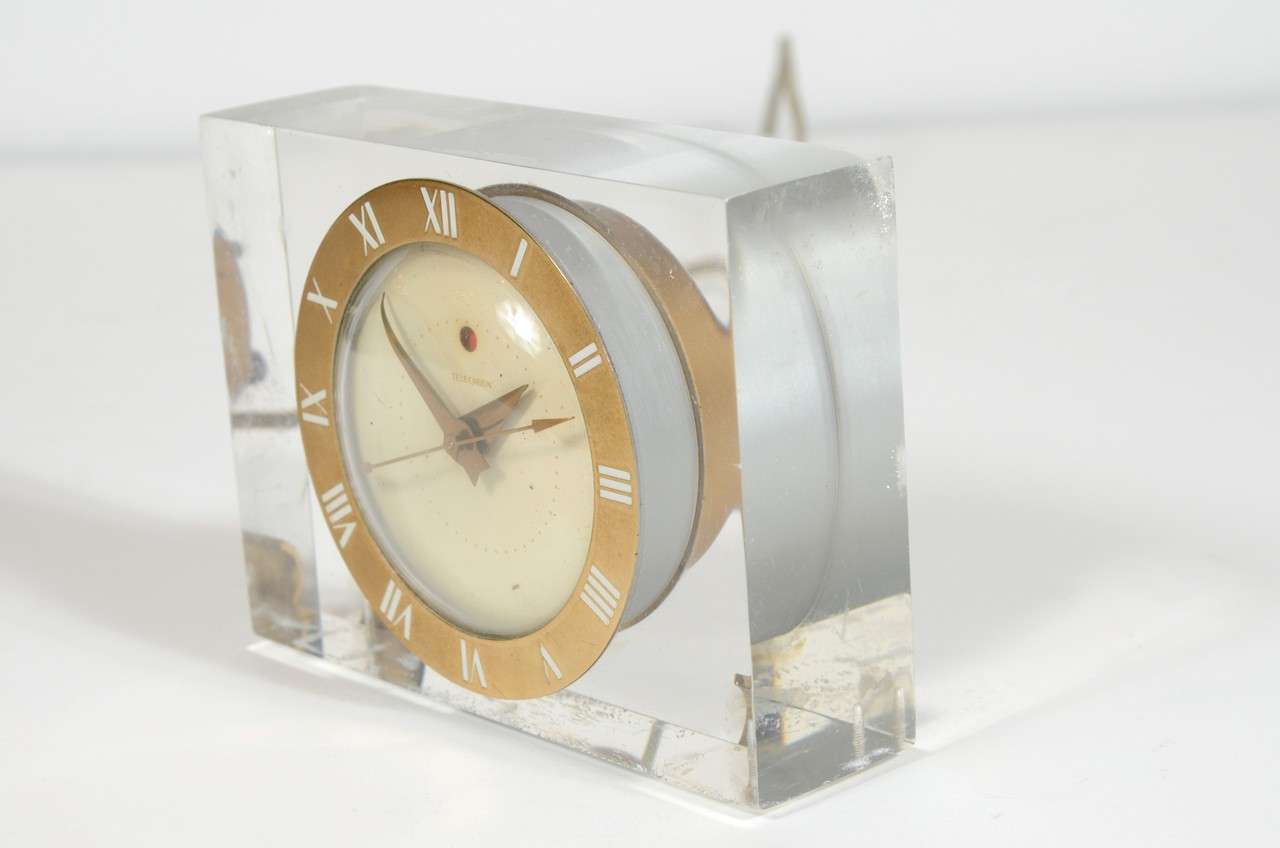 Modernist Lucite and Brass Clock by Telechron at 1stDibs