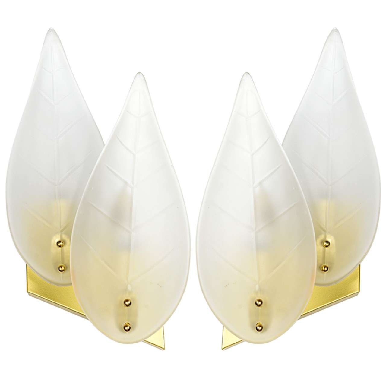 Pair of Mid Century Frosted Glass Leaf Sconces For Sale at 1stDibs