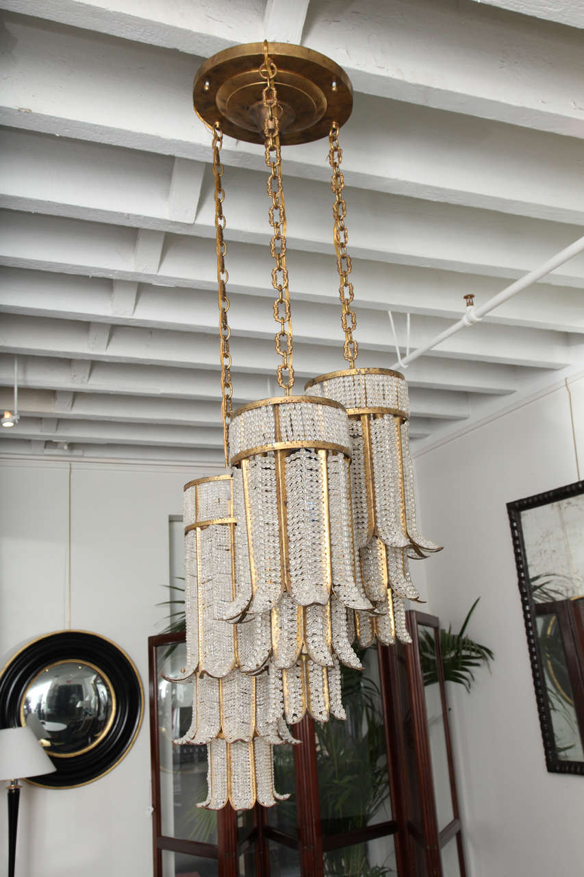 Mid-20th Century Beaded Crystal and Gilt Metal Chandelier at 1stDibs