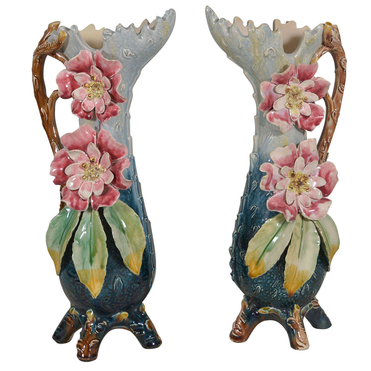 Pair of French Barbotine Majolica Vases For Sale at 1stDibs