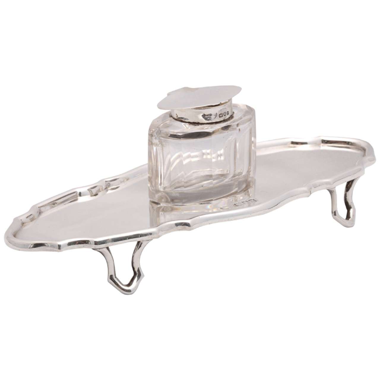 Edwardian Sterling Silver and Crystal Footed Inkstand For Sale at 1stDibs