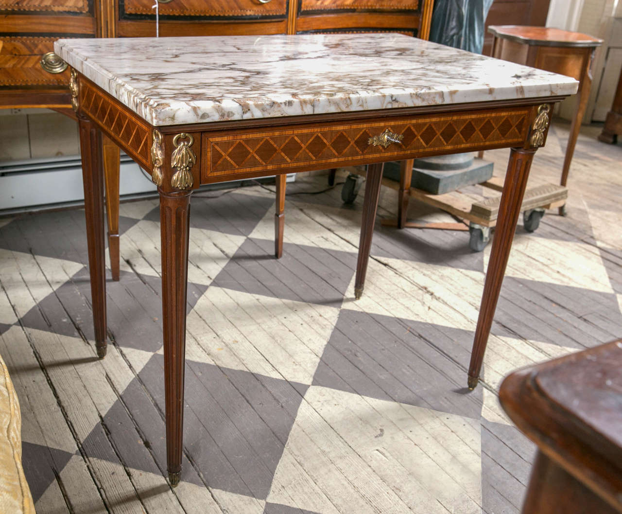 French Marquetry Inlaid Marble-Top Table For Sale at 1stDibs