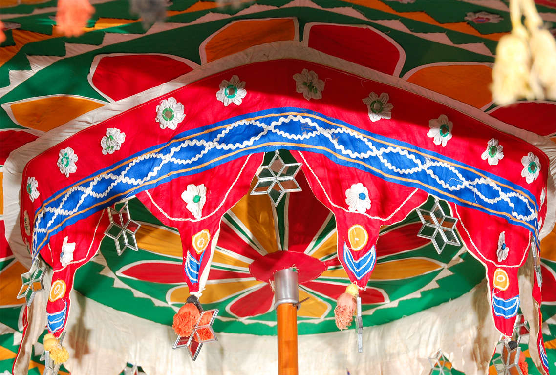 Multi Colored Indian Umbrella with Mirrors and Animals at 1stDibs