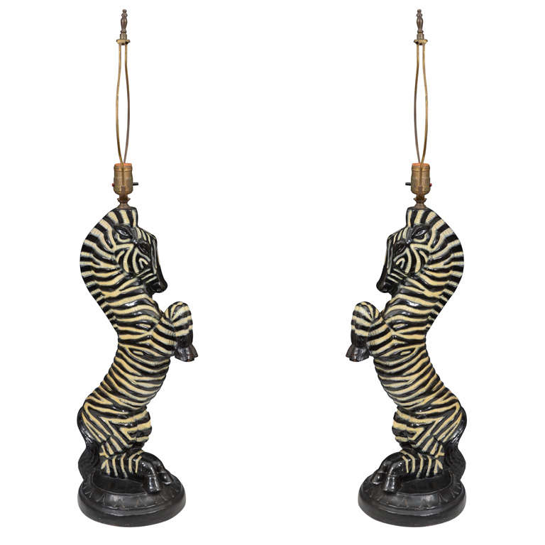Pair Mid-Century Italian Hand-Painted Plaster Zebra Table Lamps at ...