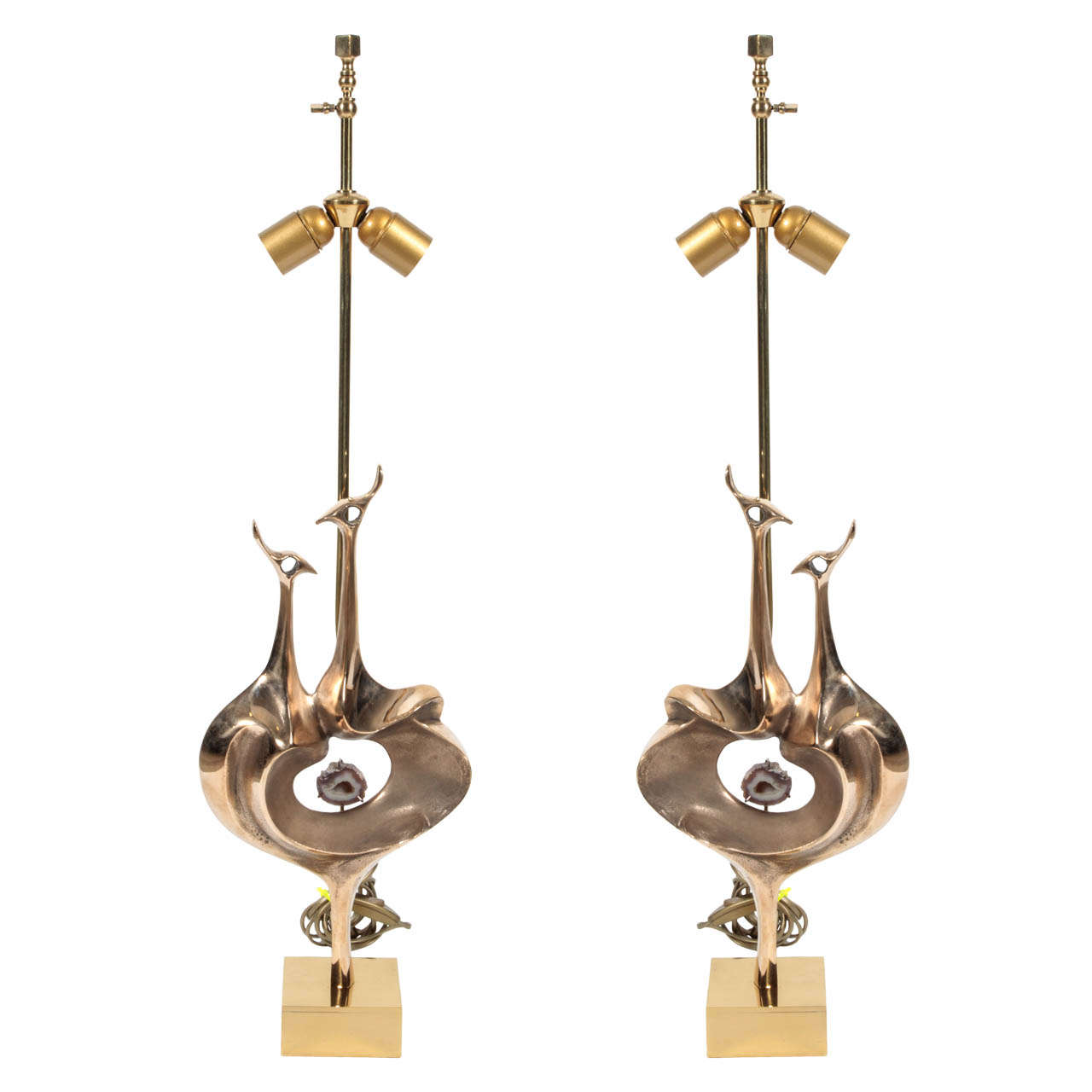 Pair of Lamps by Willy Daro Bronze Leaf and Glass For Sale at 1stDibs