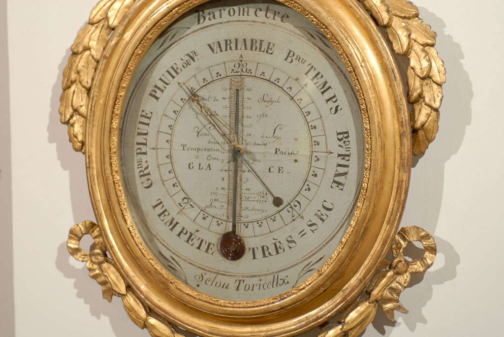French 1780s Giltwood Barometer Selon Toricelli with Carved Allegory of ...