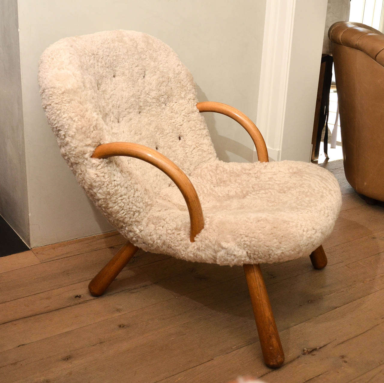 " Clam Chair" by Philipp Arctander, 1944, in Shearling and Oak at 1stDibs