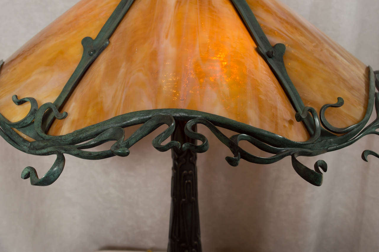 Art Nouveau Bronze and Bent Slag Glass Lamp by Gorham at 1stDibs