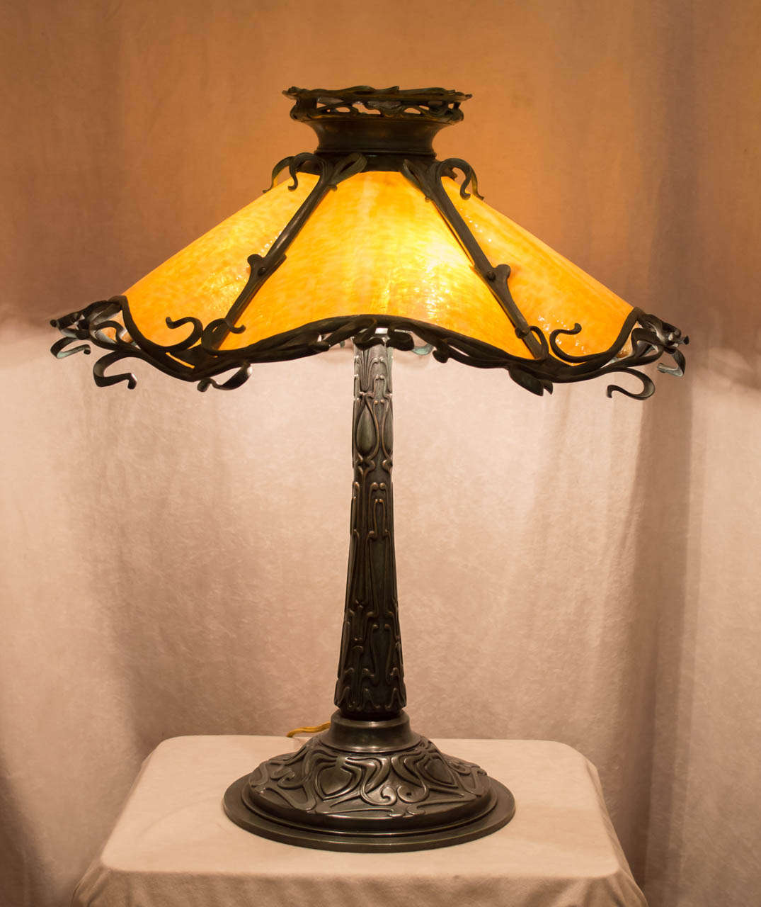 Art Nouveau Bronze and Bent Slag Glass Lamp by Gorham at 1stDibs