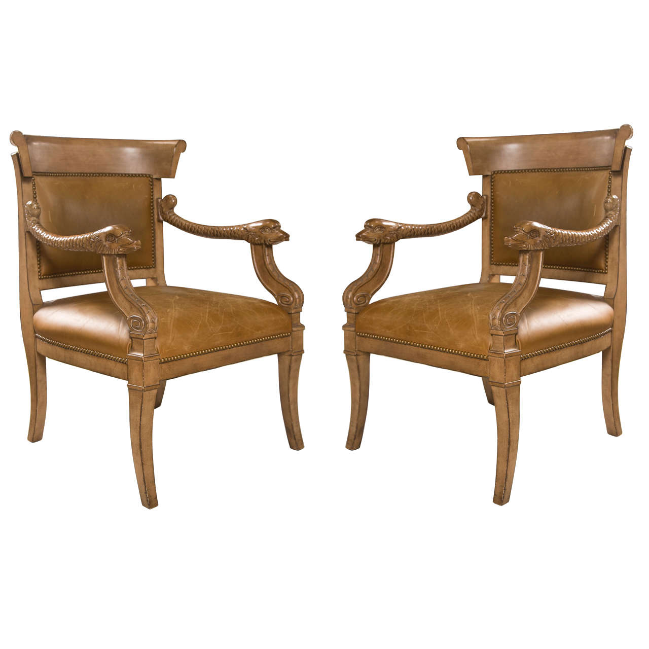 Pair of Louis XVI Style Dolphin Form Leather Side Chairs at 1stDibs
