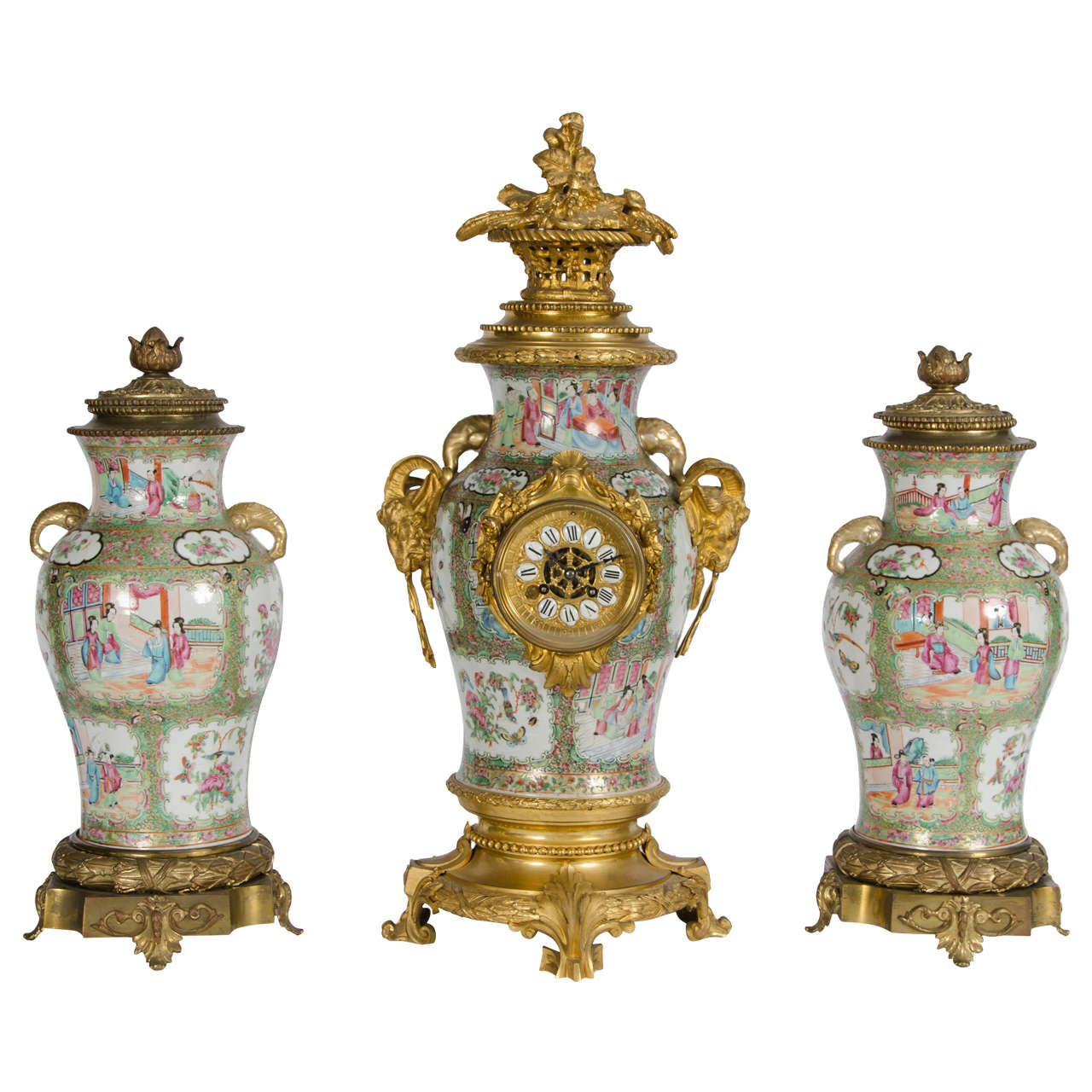 Canton Porcelain Clock Garniture at 1stDibs