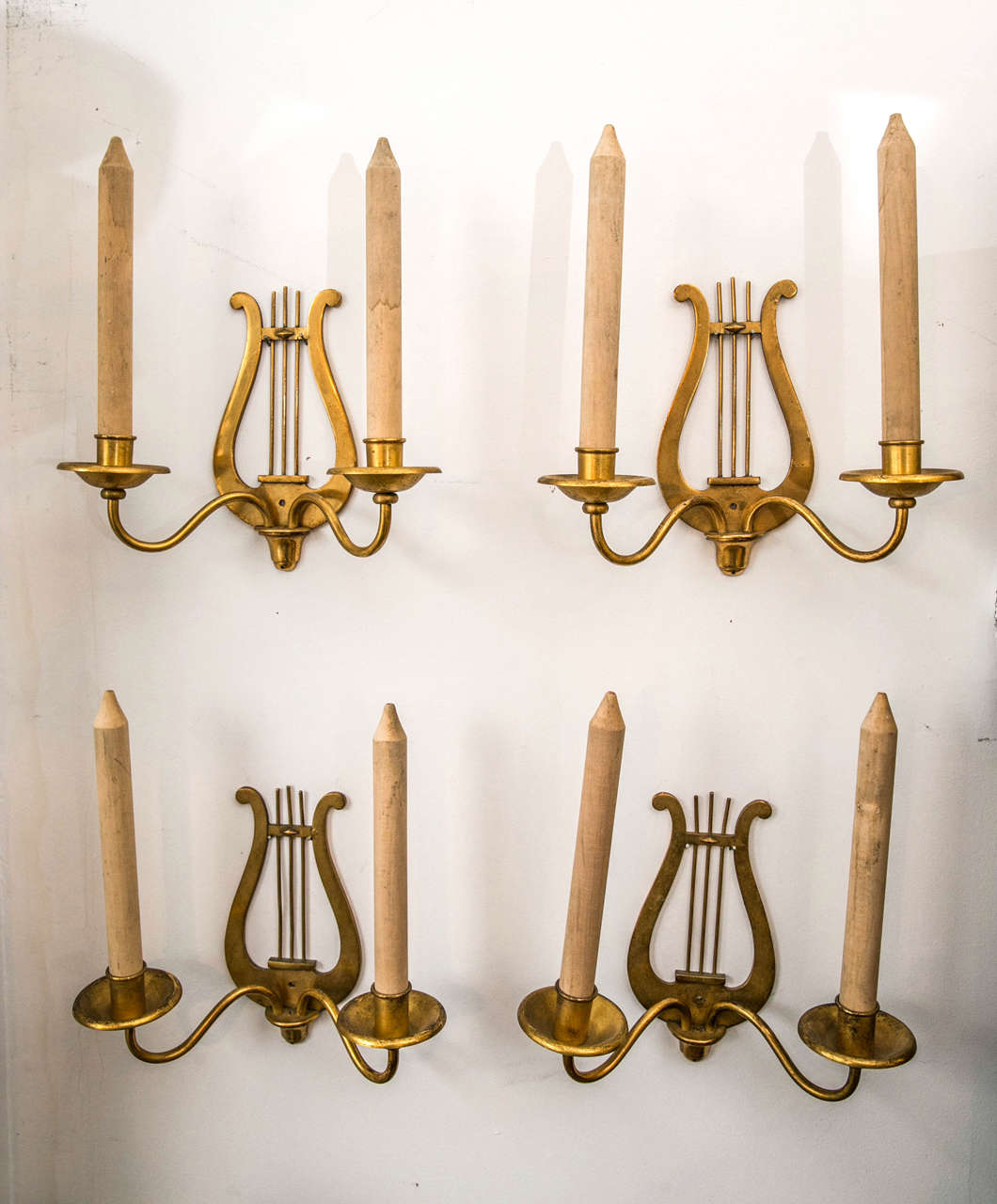 Set of Four Gilt Metal Candle Sconces with Wooden Faux Candles For Sale ...