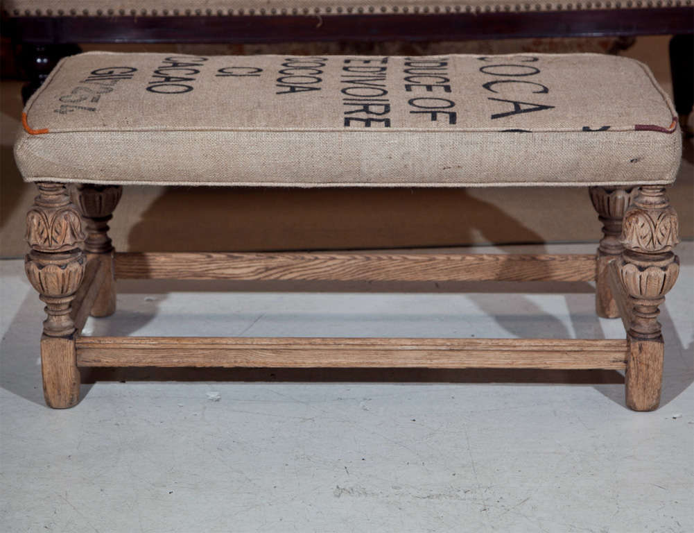 Pair 1920s Jacobean Oak Benches in Old Burlap Cover at 1stDibs