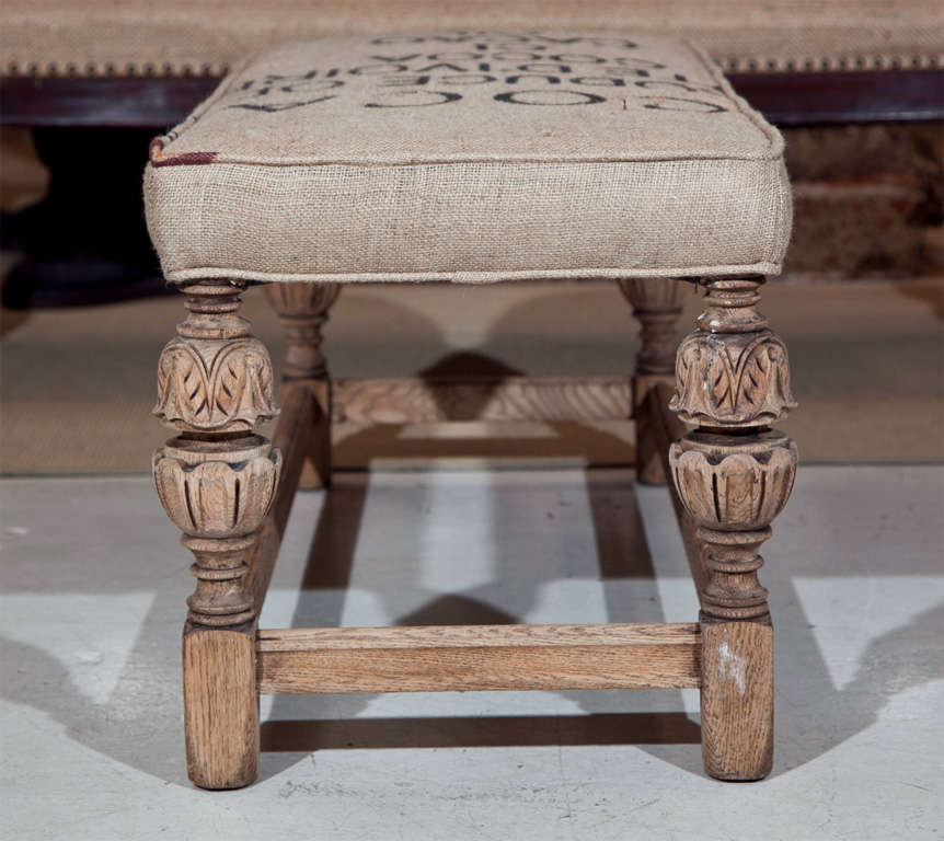 Pair 1920s Jacobean Oak Benches in Old Burlap Cover at 1stDibs