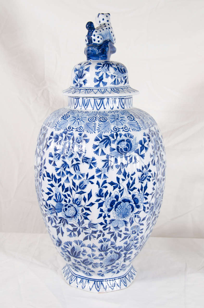 Pair of Dutch Delft Blue and White Covered Vases at 1stDibs