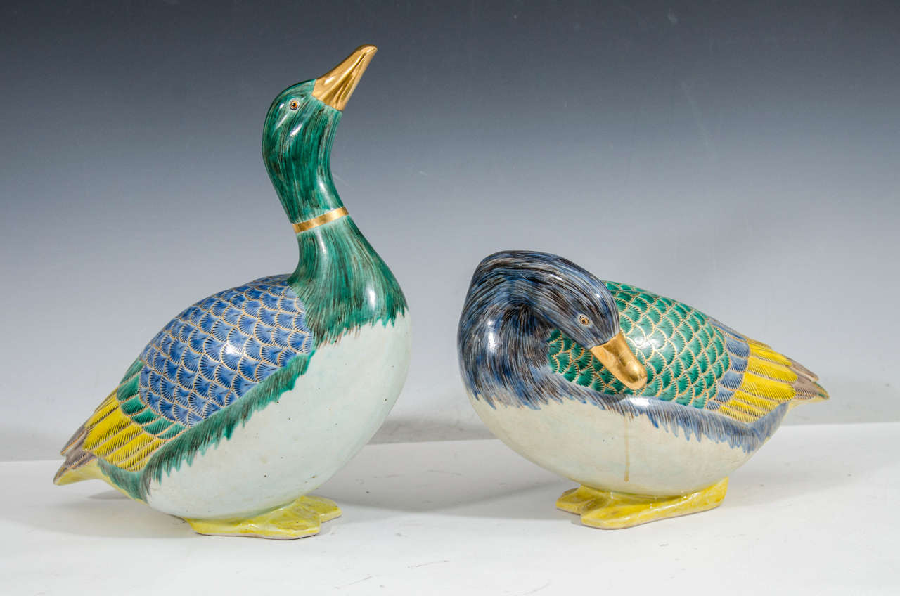 Midcentury Pair of Decorative Asian Inspired Ceramic Sculptural Ducks ...