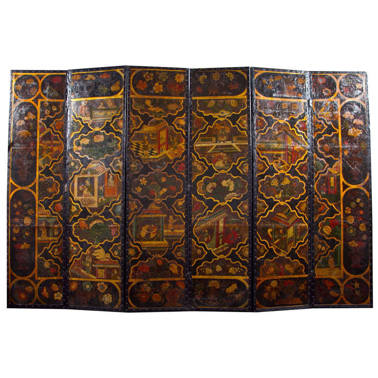 Chinoiserie Six Panel Painted Leather Screen at 1stDibs