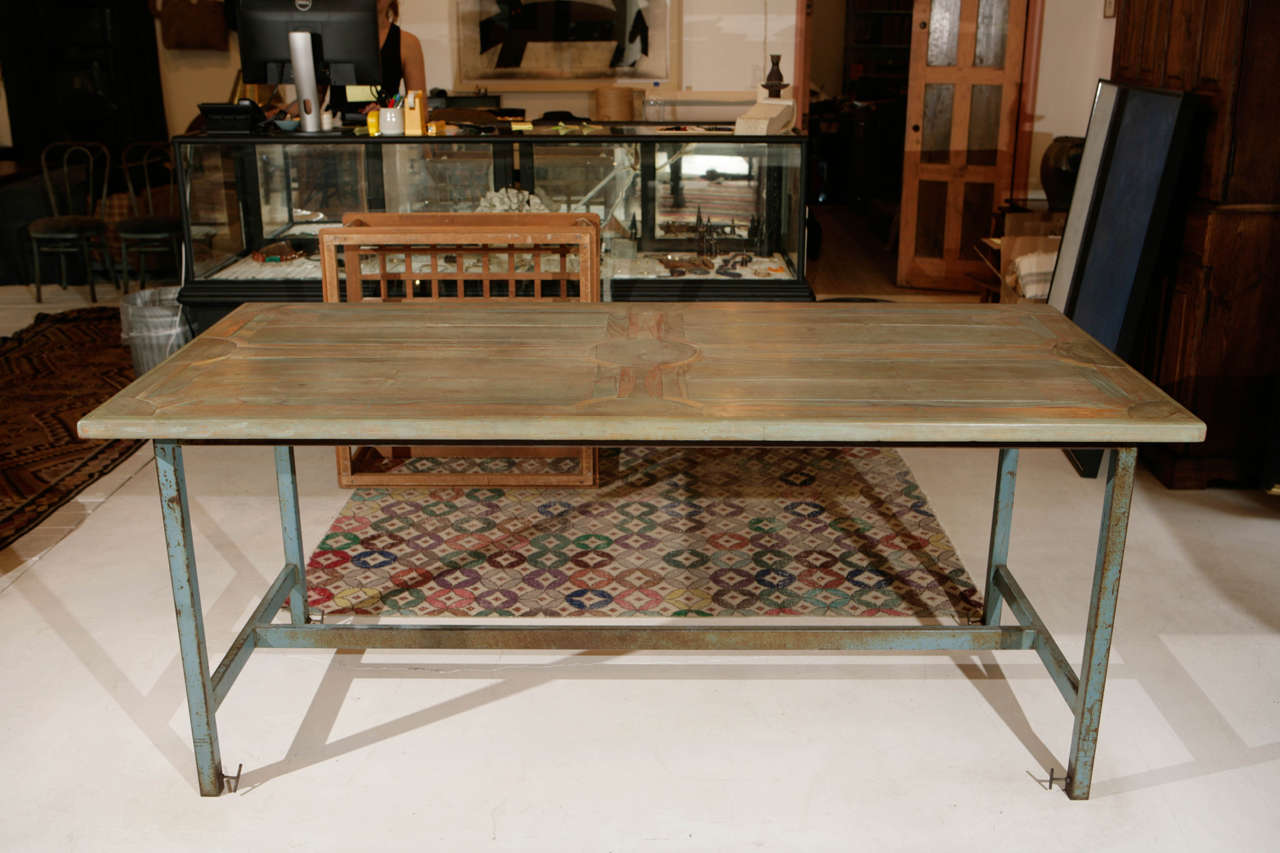 Industrial and Wood Inlay Adjustable Height Work Table at 1stDibs