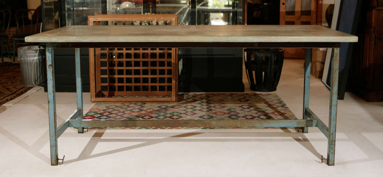 Industrial and Wood Inlay Adjustable Height Work Table at 1stDibs