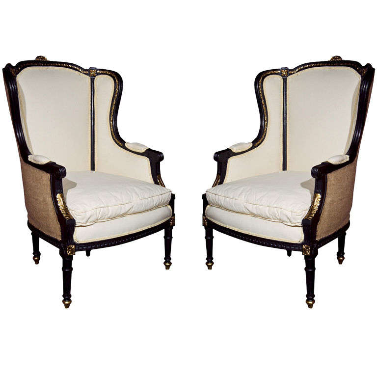 Pair of French Louis XVI Style Wing-back Bergere Chairs at 1stDibs