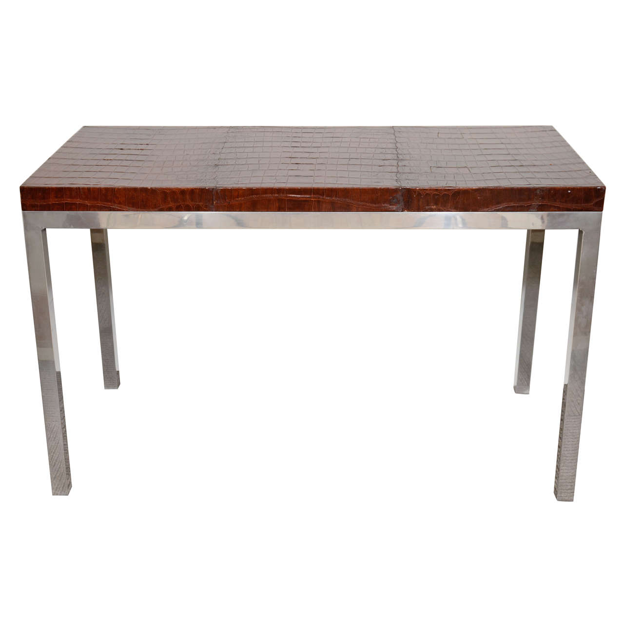 Midcentury Console Table with Alligator Embossed Leather Top at 1stDibs