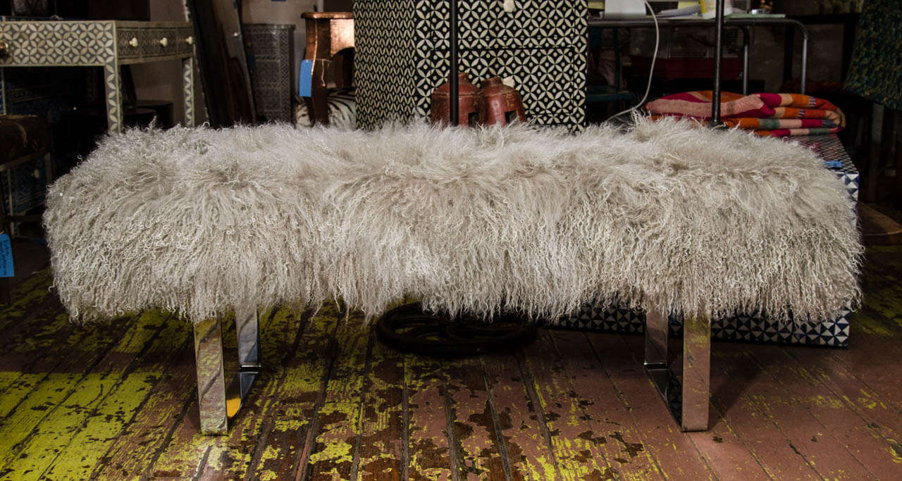 Tibetan Lambswool Bench with Chrome Legs For Sale at 1stDibs