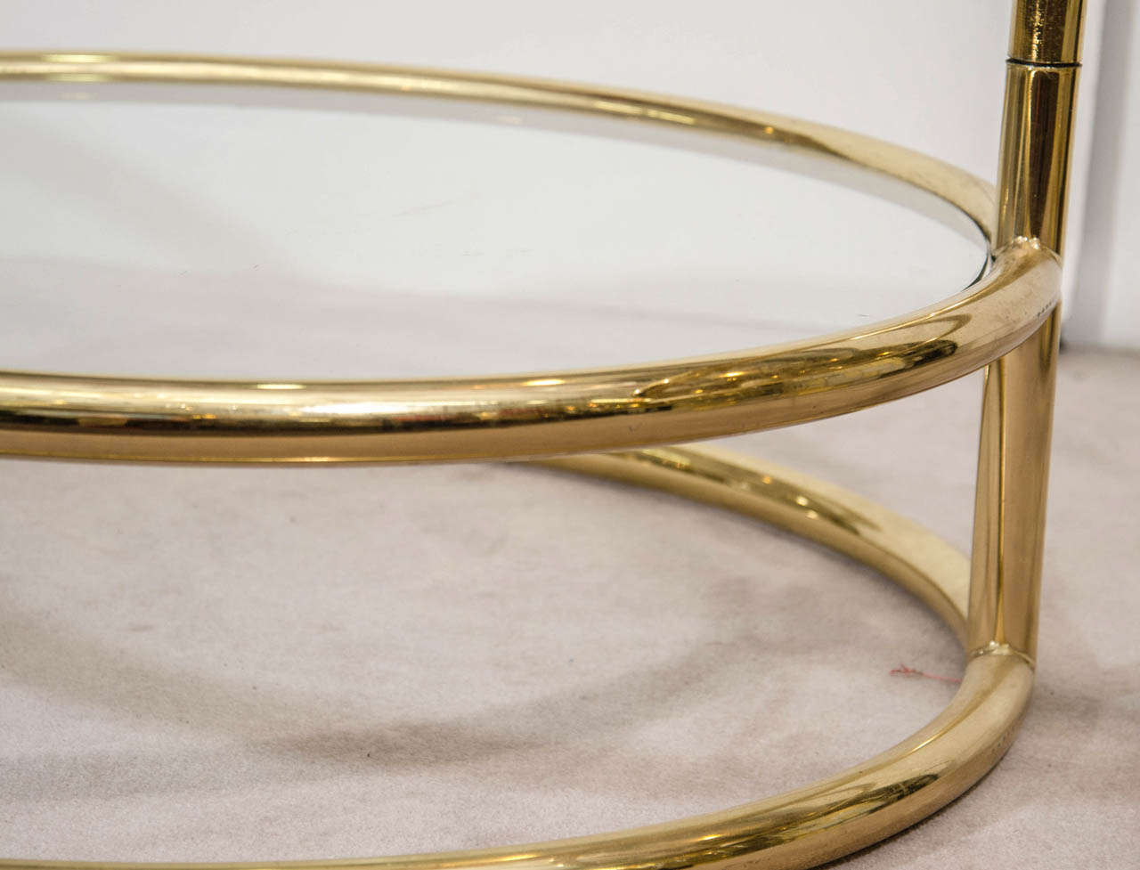 A Mid Century Milo Baughman Style Three Tiered Brass and Glass Swivel ...