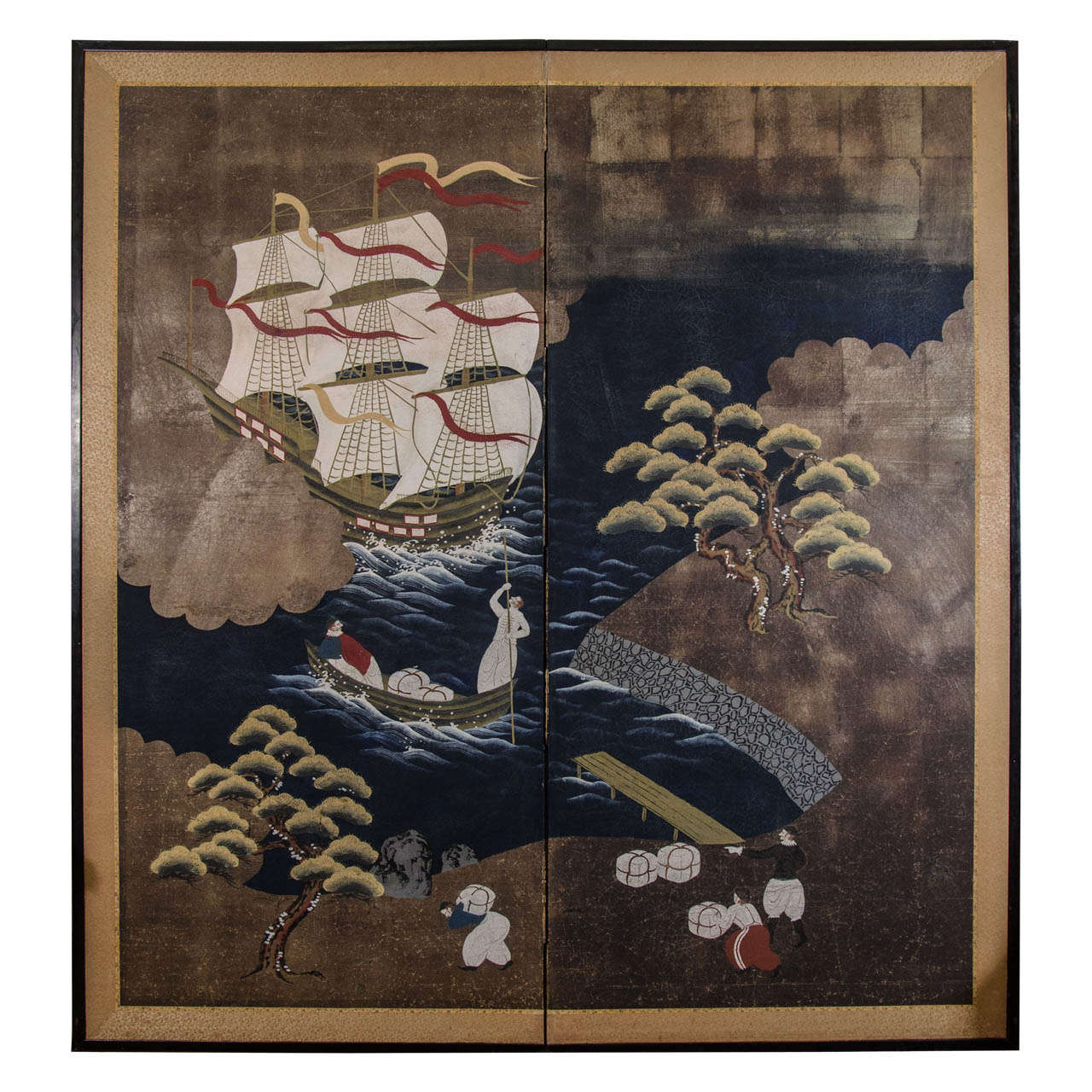 A Meiji Period Japanese Namban Screen with Portuguese Caravel Ship at ...